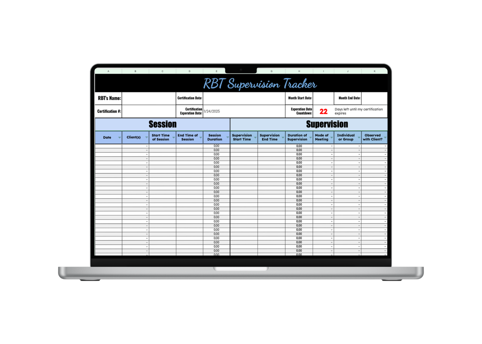 RBT Supervision Tracker (Google Sheet) – ABA.Focus